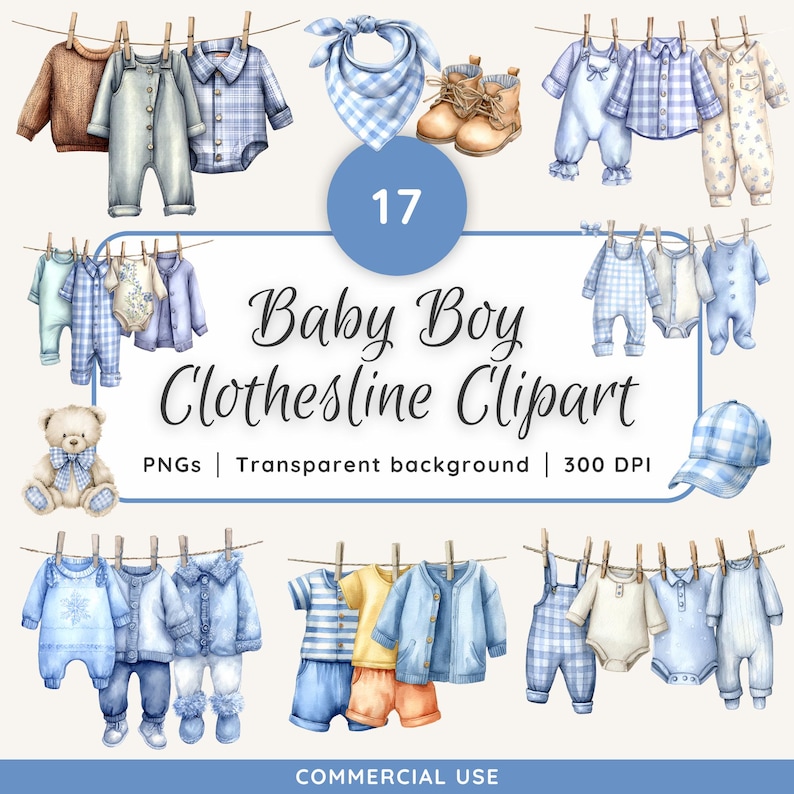 Watercolor Baby Boy Clothesline Clipart, Blue Baby Clothesline Clipart ...