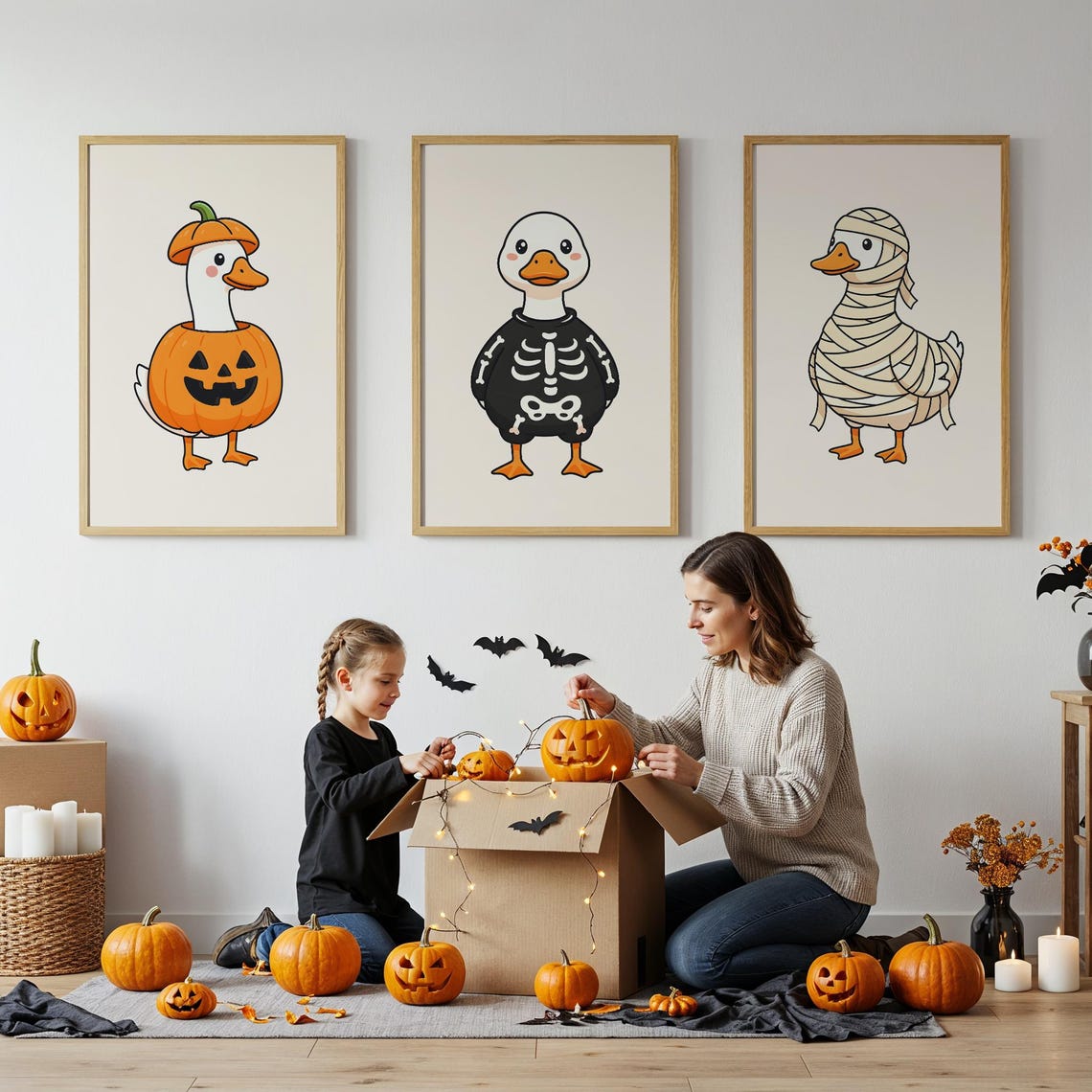 Spooky Goose Halloween Wall Art Set, Cute Pumpkin Skeleton Mummy Goose ...