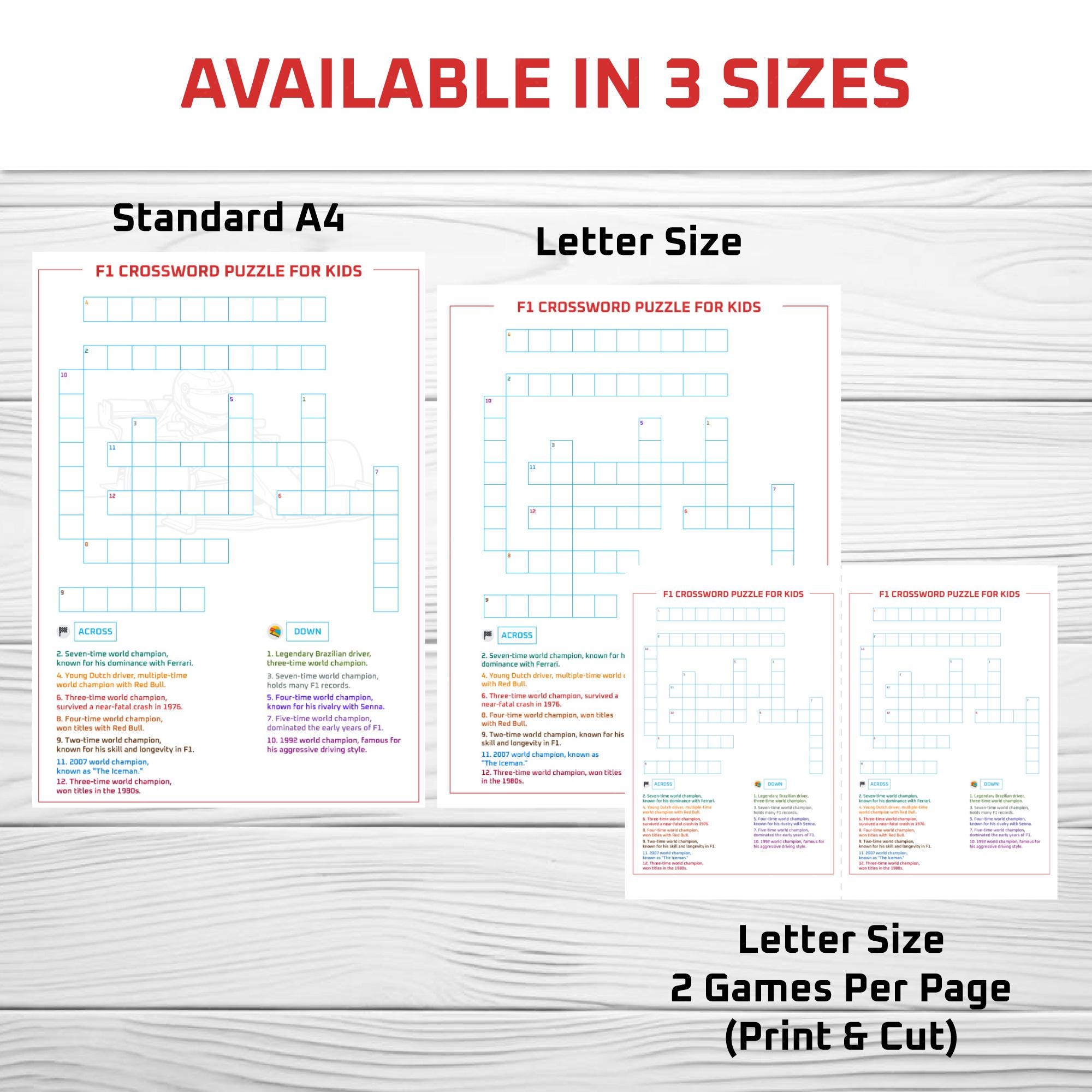 Formula 1 Crossword Puzzle for Kids, F1 Activity Book, Printable Word ...