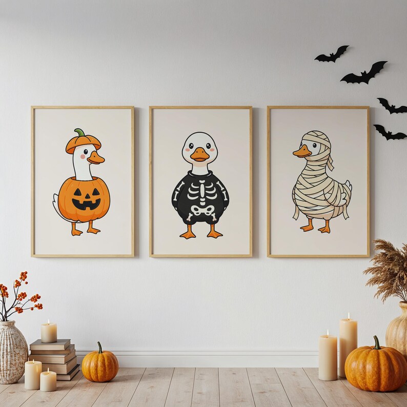 Spooky Goose Halloween Wall Art Set, Cute Pumpkin Skeleton Mummy Goose ...