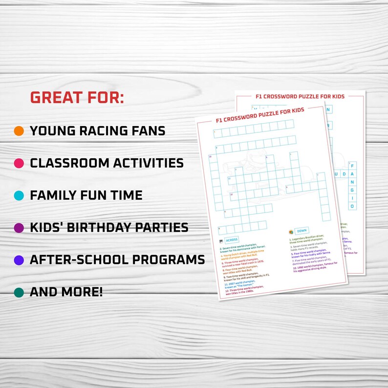 Formula 1 Crossword Puzzle for Kids, F1 Activity Book, Printable Word ...