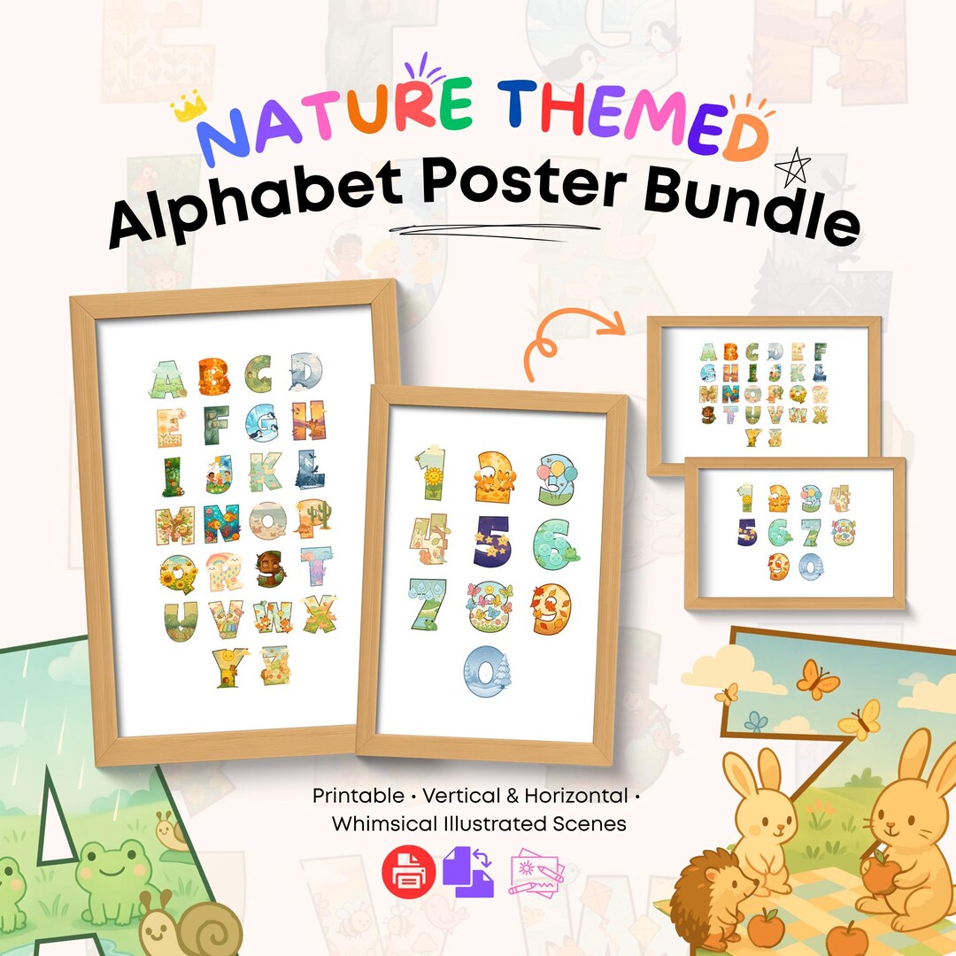 Nature Themed Alphabet and Number Poster Set for Kids, Printable ABC ...