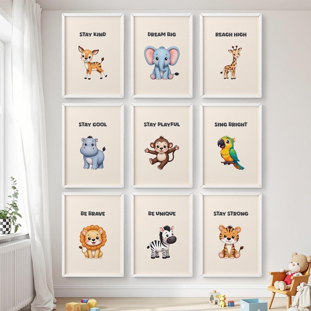 Safari Jungle Animal Affirmation Prints Set of 9, Nursery Wall Art for ...
