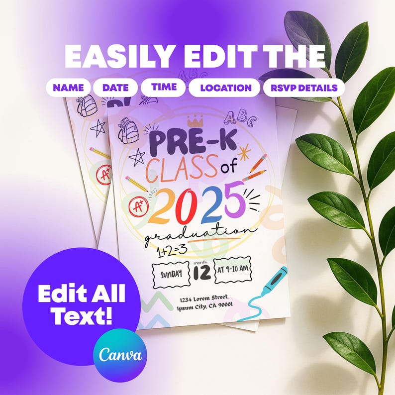 Editable Kindergarten Graduation Invitation, Pre-k Class of 2025 ...