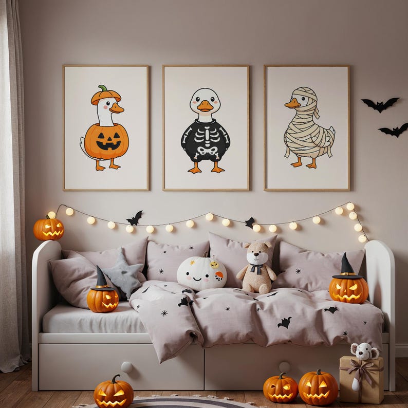 Spooky Goose Halloween Wall Art Set, Cute Pumpkin Skeleton Mummy Goose ...
