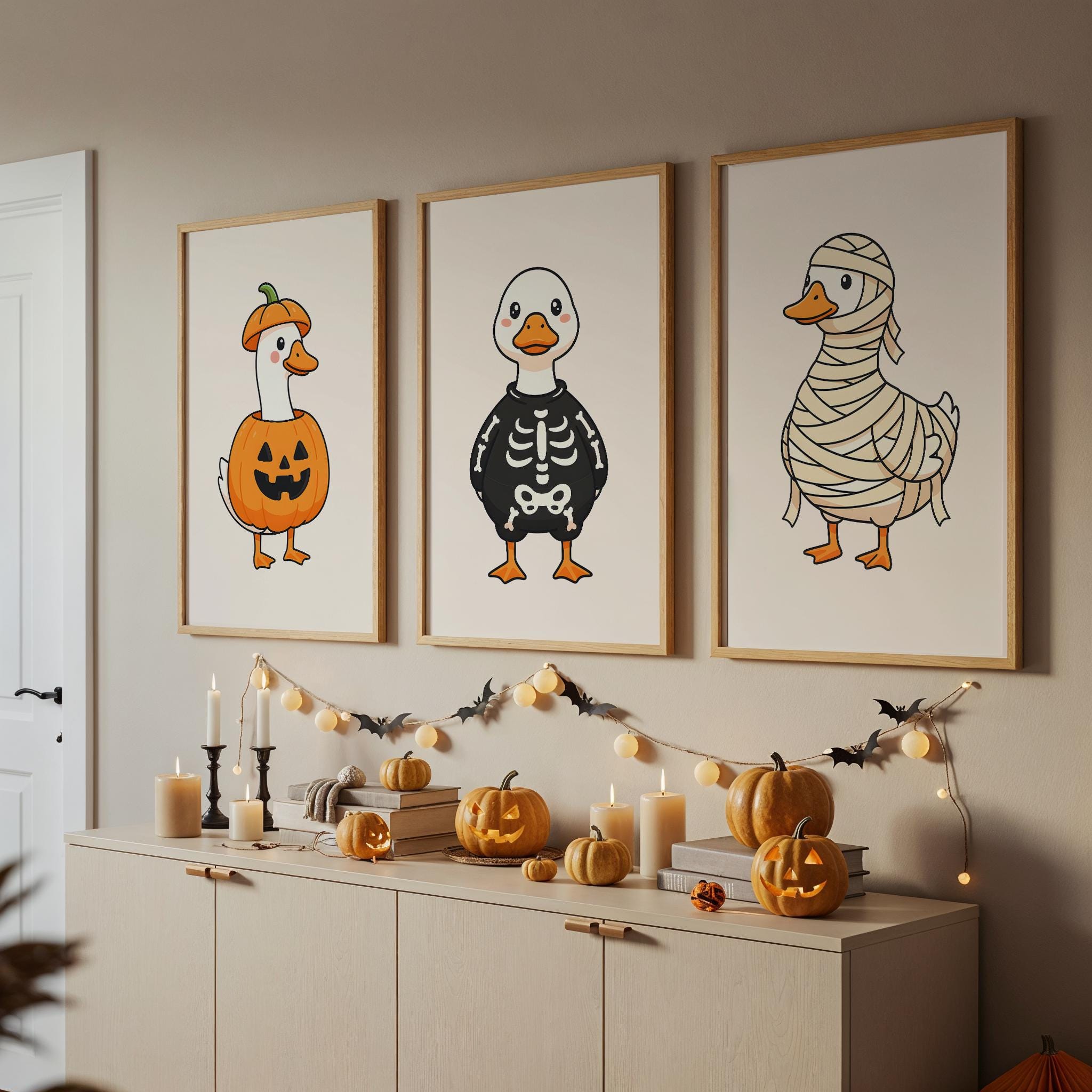 Spooky Goose Halloween Wall Art Set, Cute Pumpkin Skeleton Mummy Goose ...