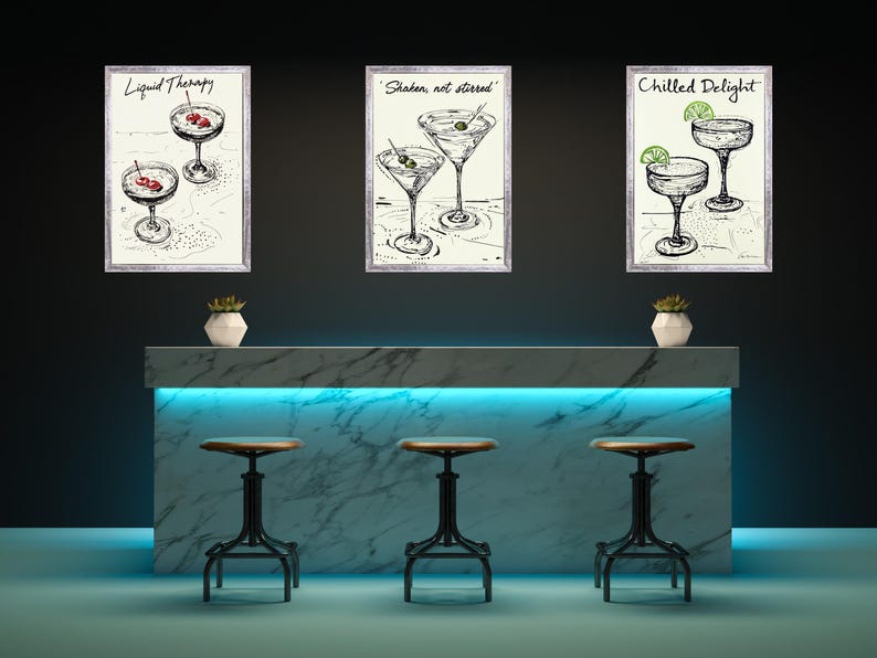 Cocktail Art Print Bundle Bar Wall Decor, Minimalist Line Art, Digital ...