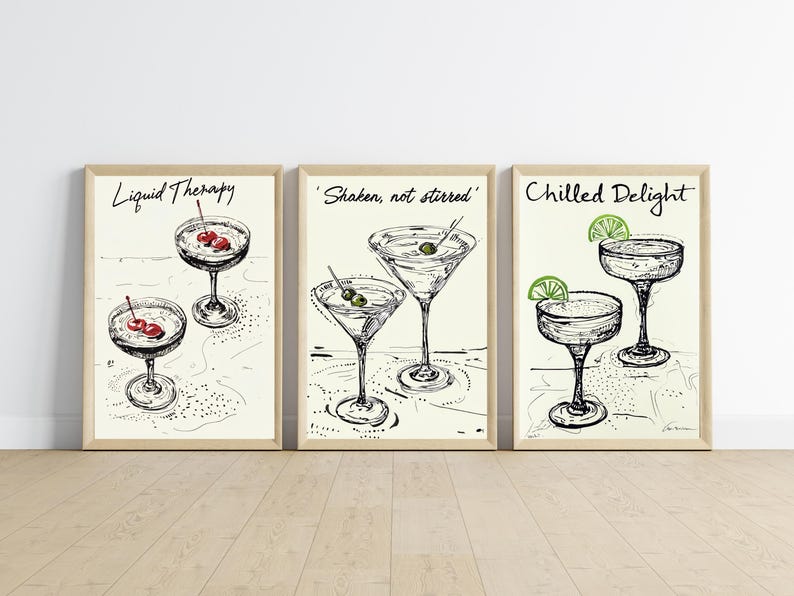 Cocktail Art Print Bundle Bar Wall Decor, Minimalist Line Art, Digital ...