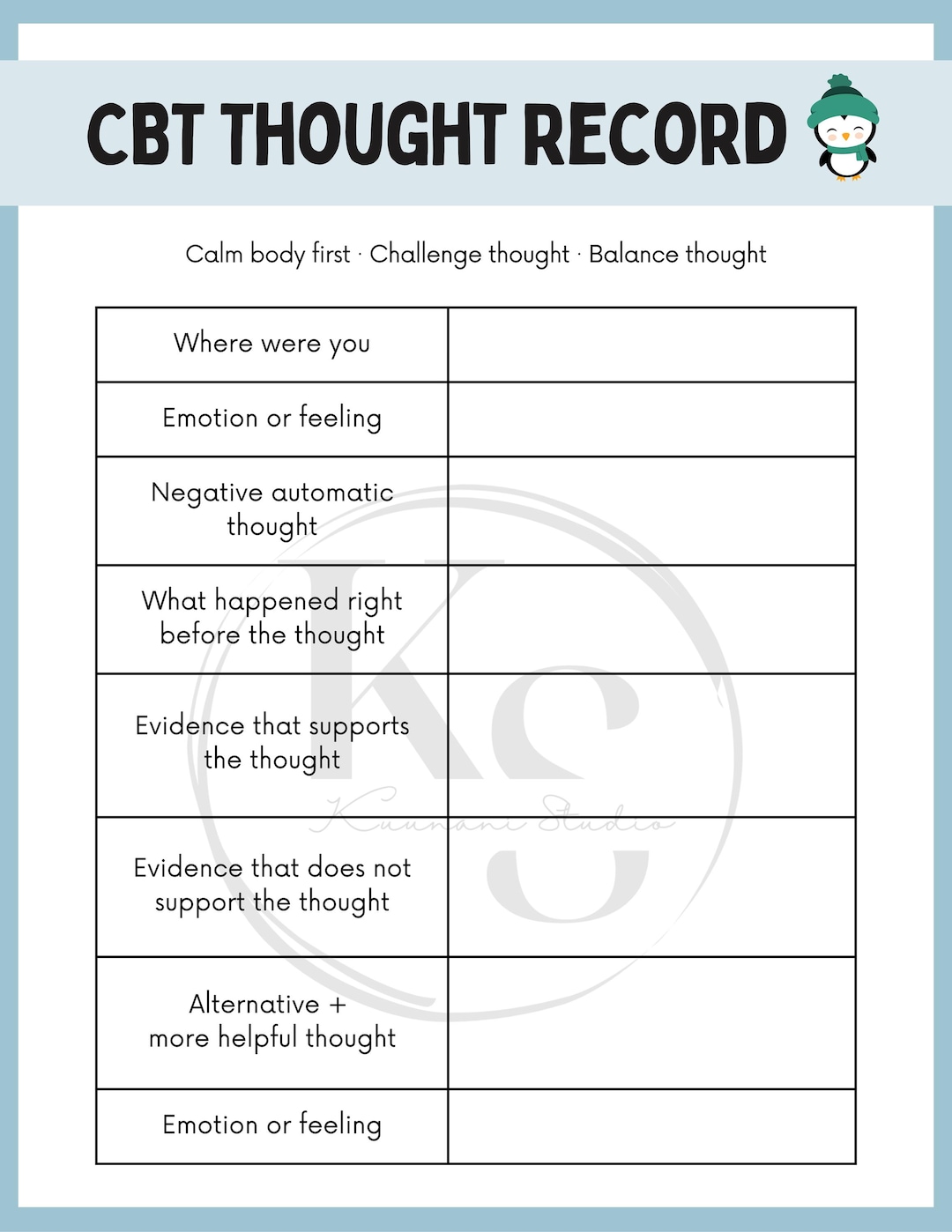 CBT Worksheet Digital Download (PDF), Thought Record Worksheet, Anxiety ...