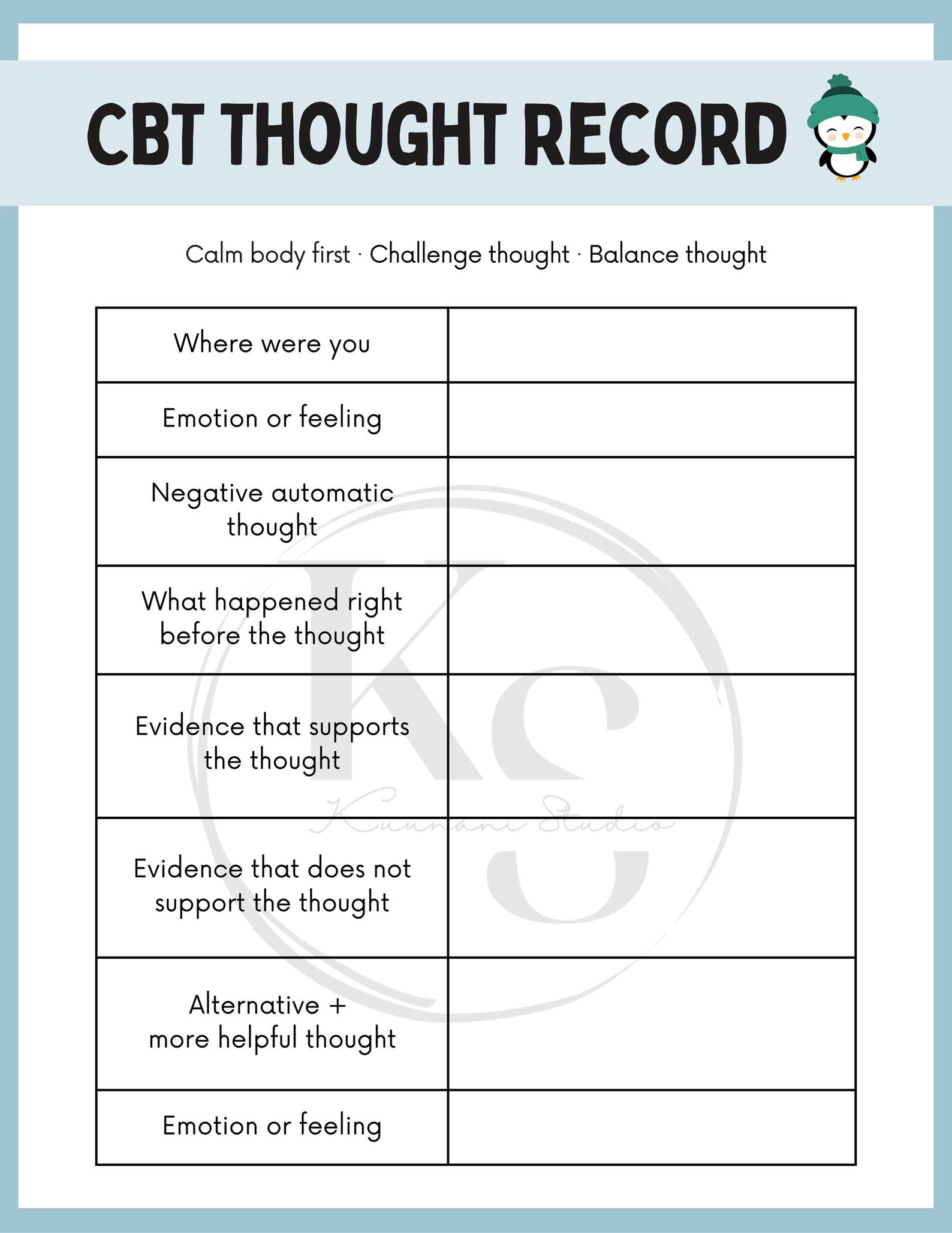 CBT Worksheet Digital Download (PDF), Thought Record Worksheet, Anxiety ...