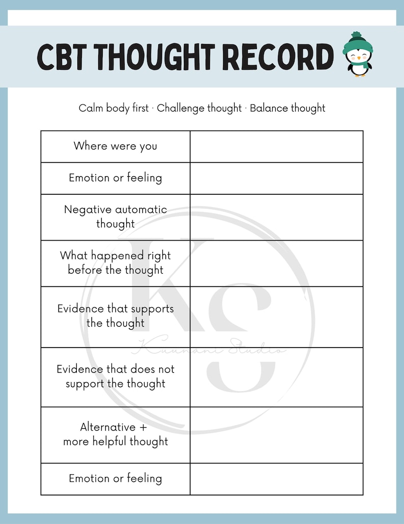 CBT Worksheet Digital Download (PDF), Thought Record Worksheet, Anxiety ...