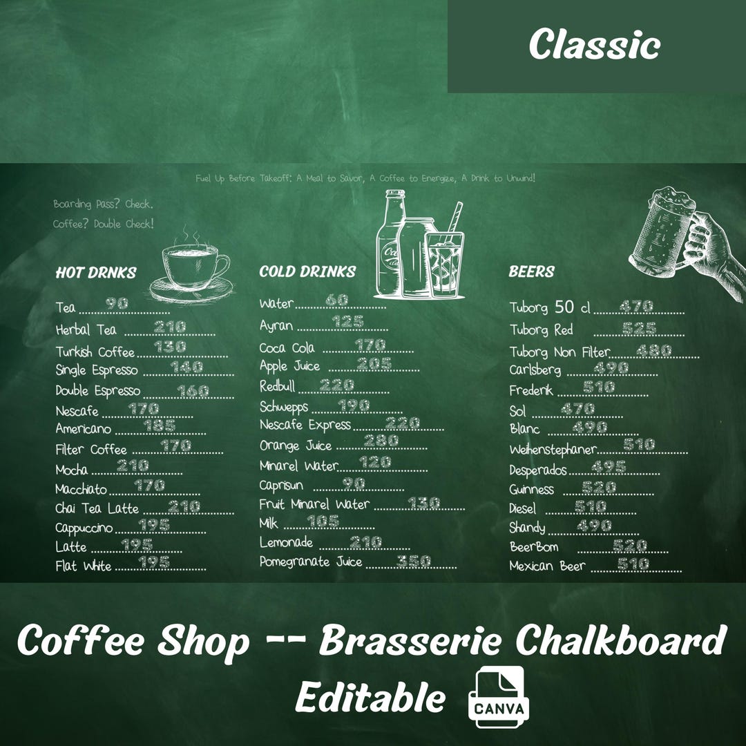 Chalkboard Menu Template Editable | Coffee Shop & Brasserie Sign ...