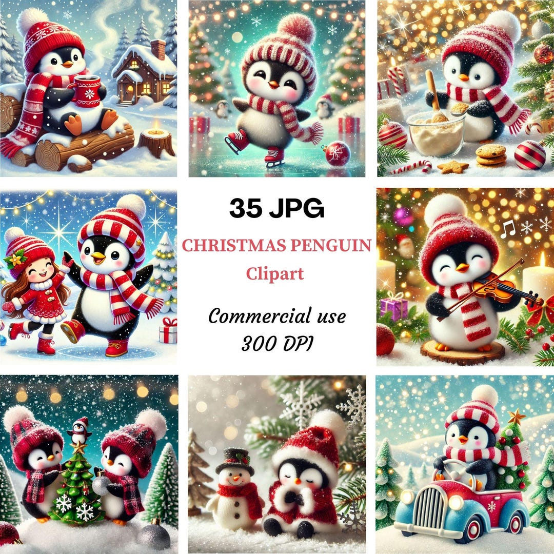 Merry Christmas Cozy Penguin Clipart, Festive Winter 35 Penguin Clipart ...