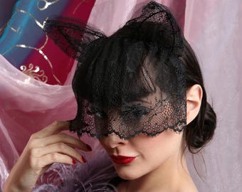 UNDER MY VEIL black lace cat mask with veil and ears