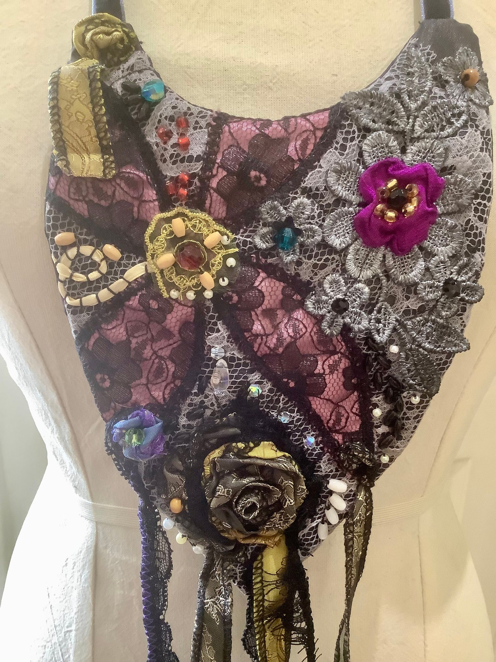 Wearable Textile Art Pendant, Black Embroidered, Stained Window, Gothic ...