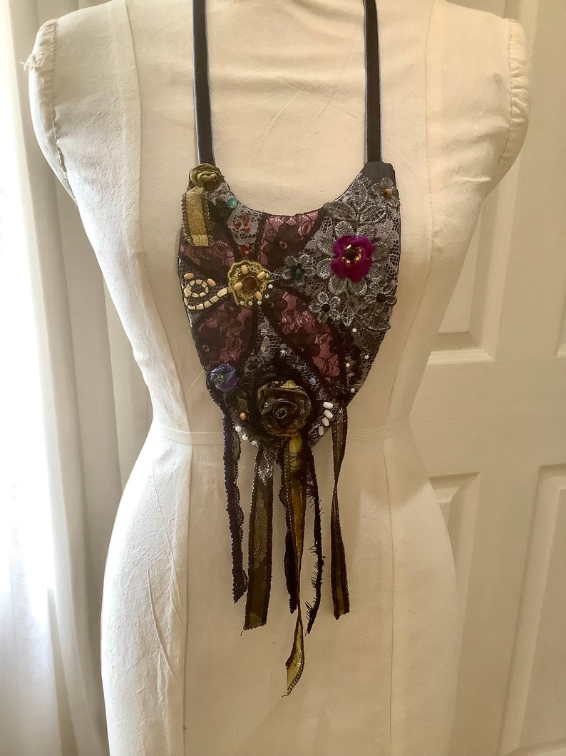 Wearable Textile Art Pendant, Black Embroidered, Stained Window, Gothic ...
