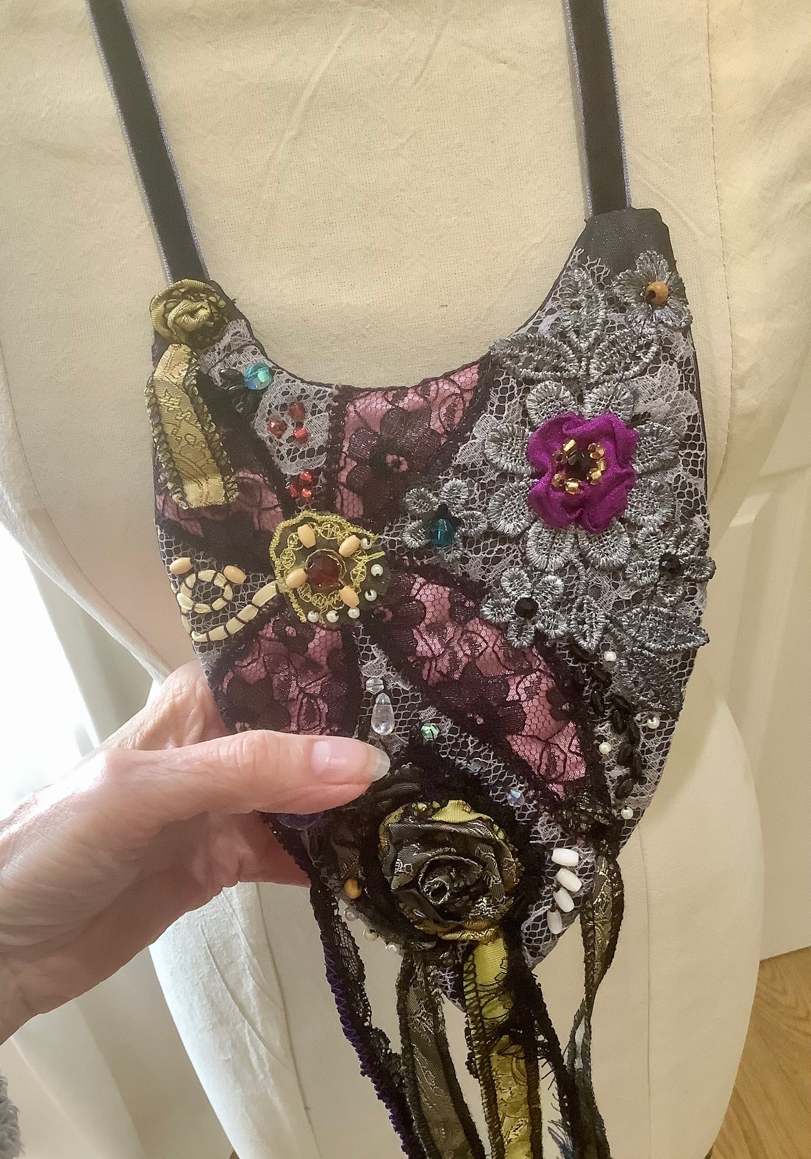 Wearable Textile Art Pendant, Black Embroidered, Stained Window, Gothic ...