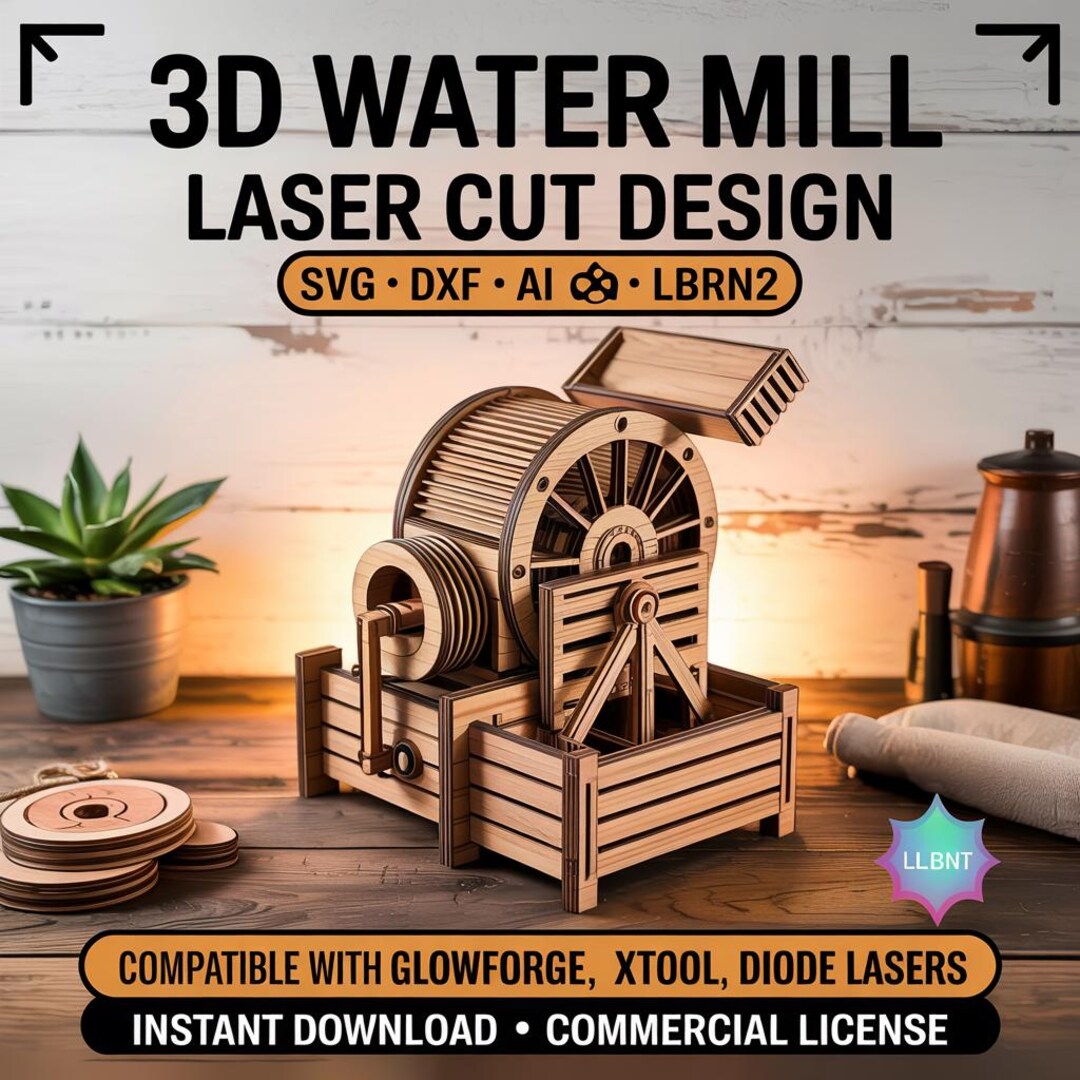 Water Mill Laser Cut Files | 3D Assembly Model SVG DXF LBRN2 AI for ...