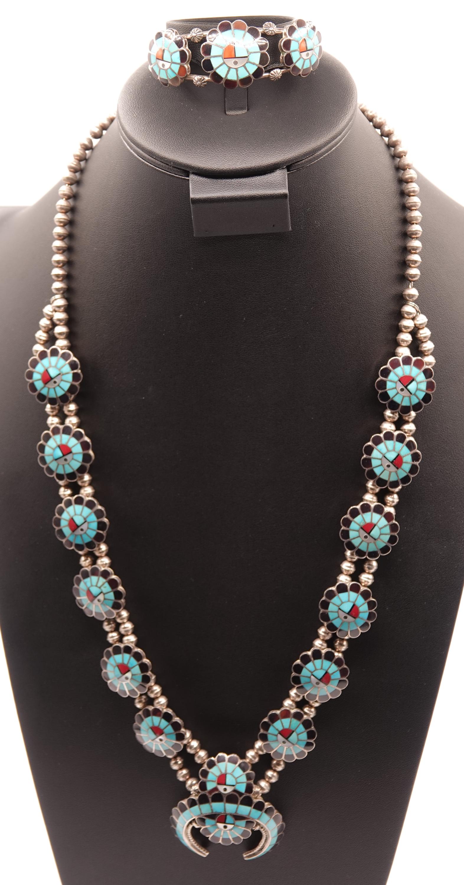 Zuni Native American Squash Bottom Necklace Bracelet Signed Sunface ...