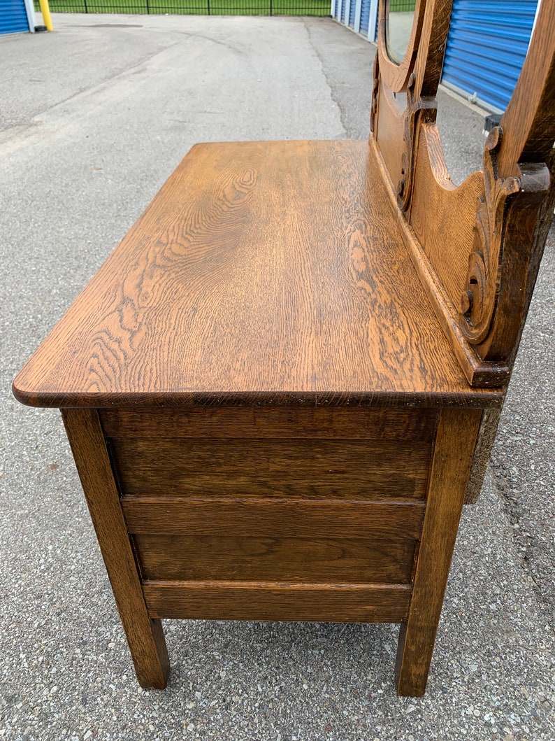 Unique Antique Victorian Solid Oak Dual Harp Low Wash Stand Beveled ...
