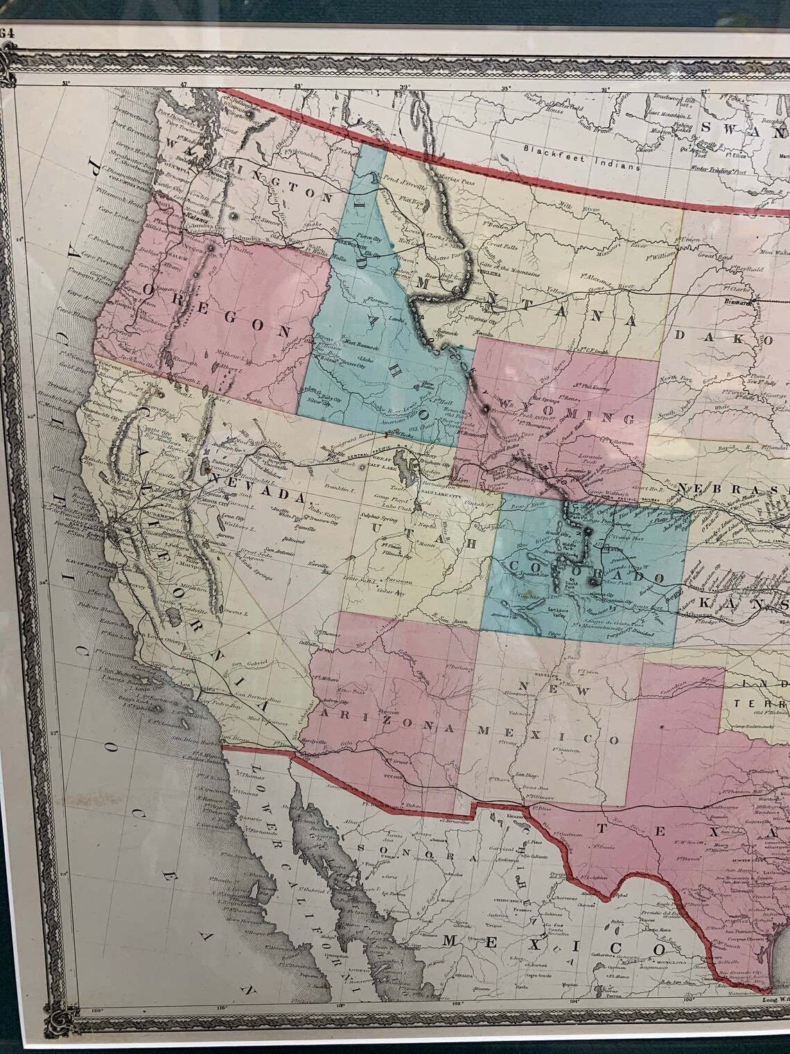 Antique 1876 Railroad Map Usa Original Hand Colored With Conservation ...