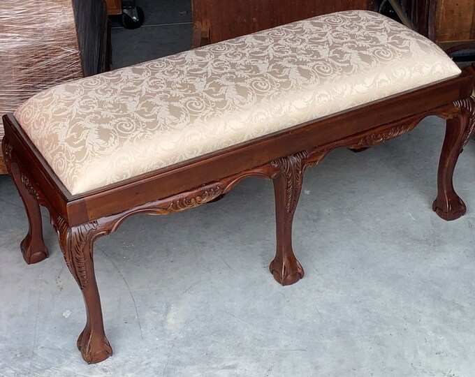 2 Vintage Chippendale Style Walnut Claw Feet Upholstered Benches ...