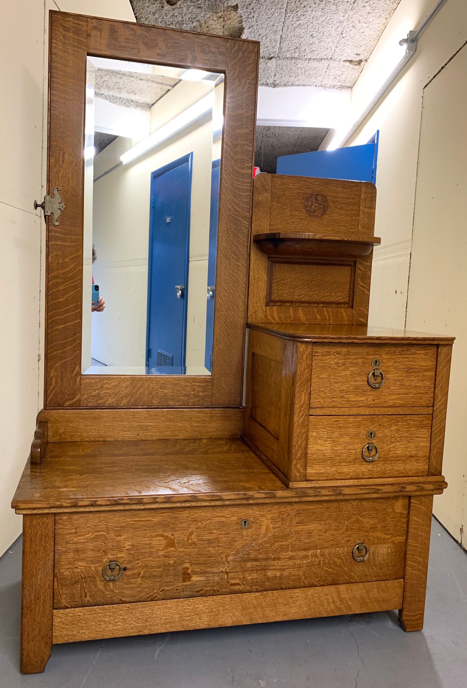 Antique Victorian 1890 Solid Quarter Sawn Oak Low Dresser With Beveled ...