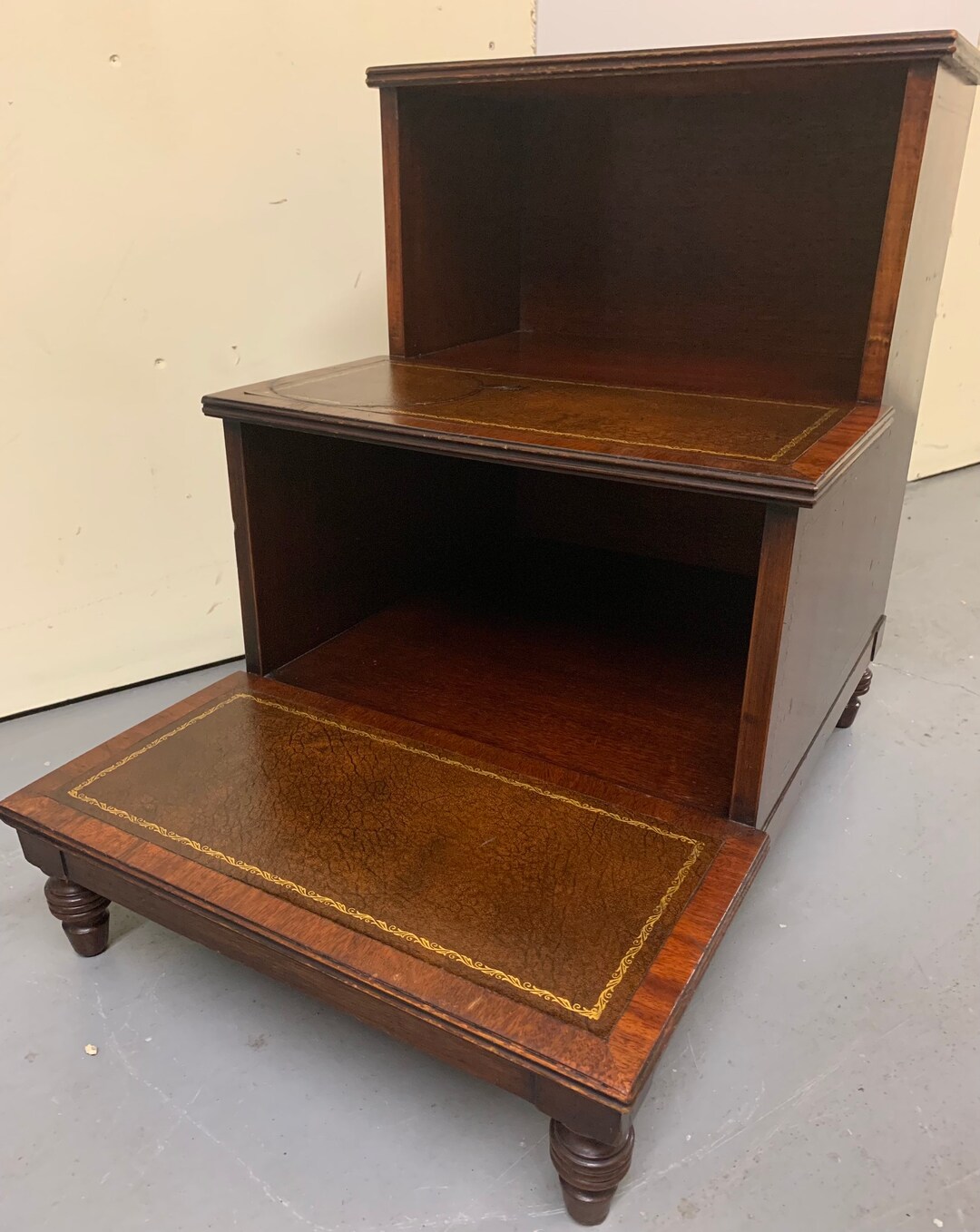 Antique Southern Walnut Inlaid Bed Steps Leather Tops Turned Legs ...