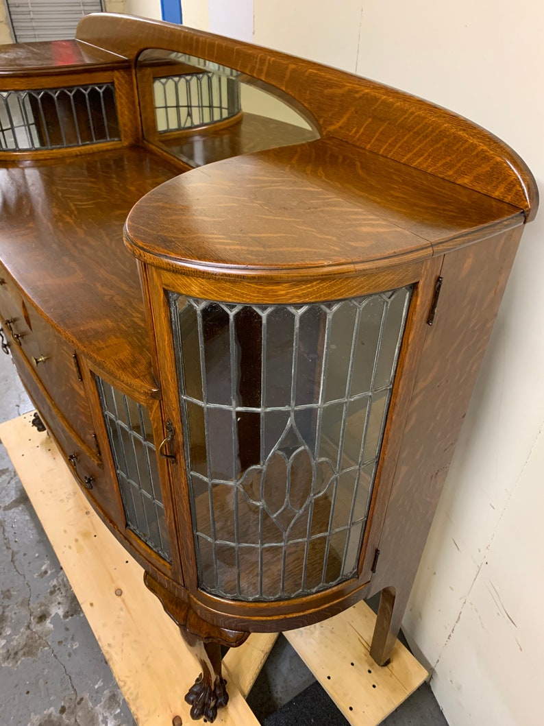Stunning American Solid Oak Leaded Glass Sideboard Server - Etsy