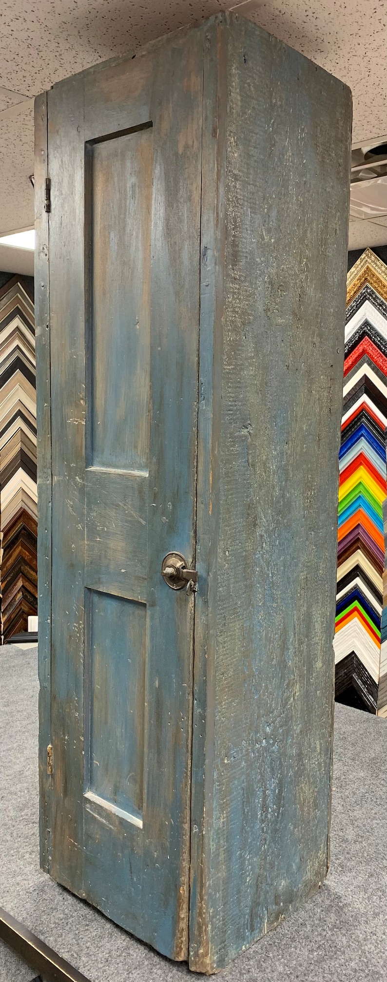 Antique Primitive 1850 Blue Painted Chimney Cupboard 16w14.5d55h ...