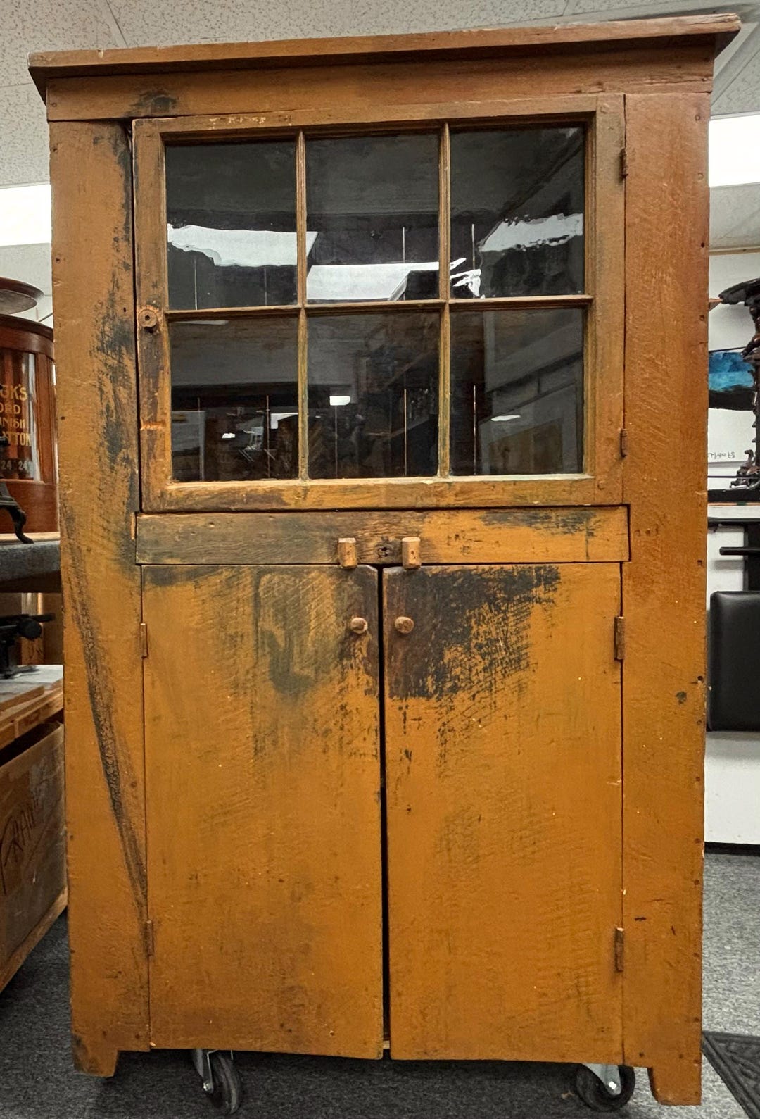 Beautiful Primitive Ohio Amish Country Mustard Painted Cupboard 24D39 ...