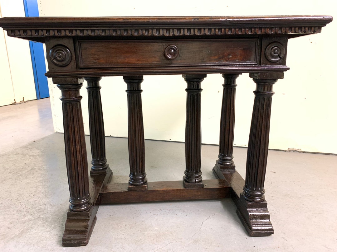 19th C Walnut Italian Side Table 1 Drawer 6 Reeded Column Legs Trestle ...
