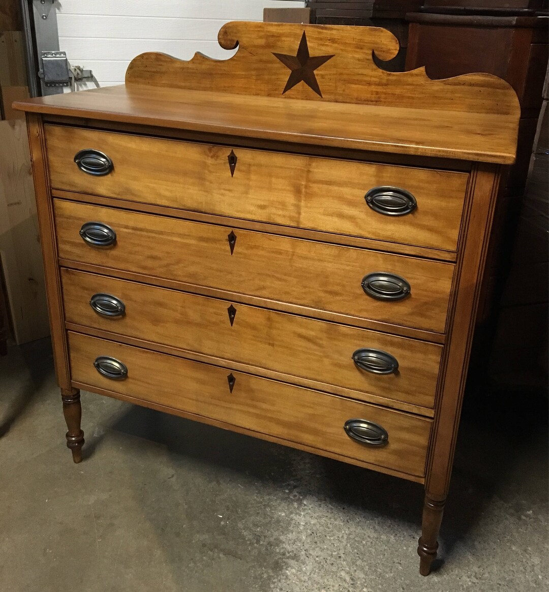 Antique Birch Sheraton Chest Dresser 4 Drawer 41w18d39h46h Inlayed Star ...