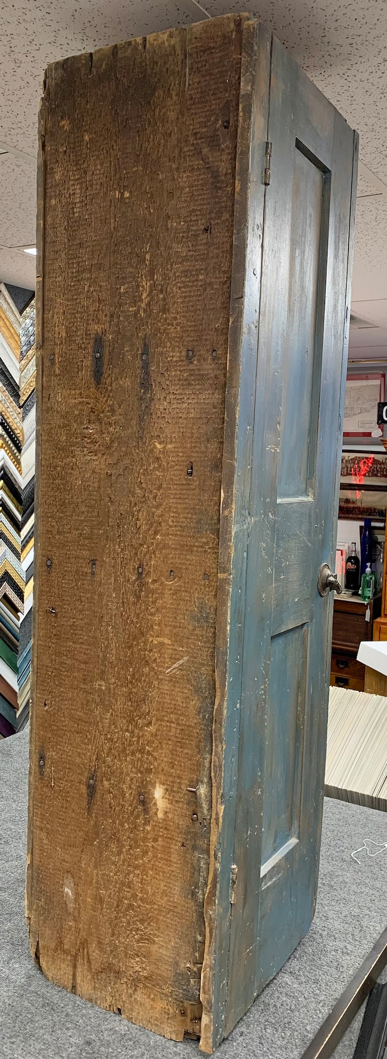 Antique Primitive 1850 Blue Painted Chimney Cupboard 16w14.5d55h ...