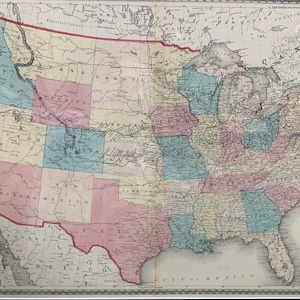 Antique 1876 Railroad Map Usa Original Hand Colored With Conservation ...