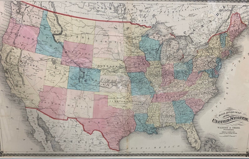 Antique 1876 Railroad Map Usa Original Hand Colored With - Etsy