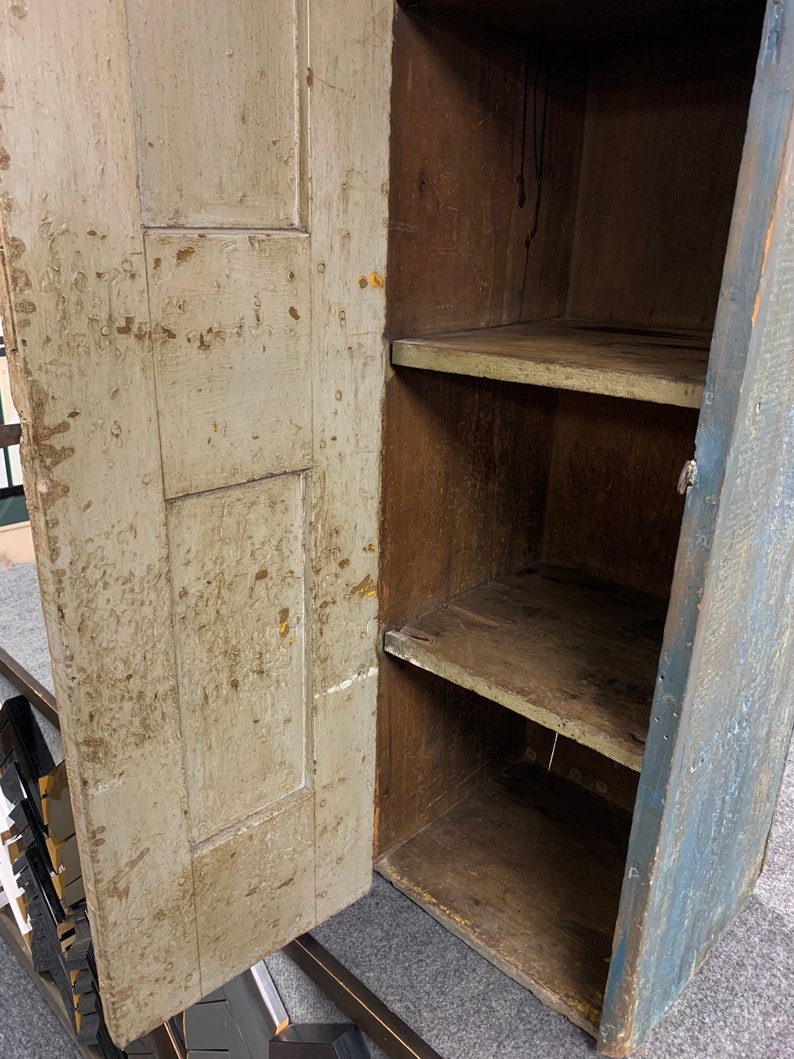 Antique Primitive 1850 Blue Painted Chimney Cupboard 16w14.5d55h ...