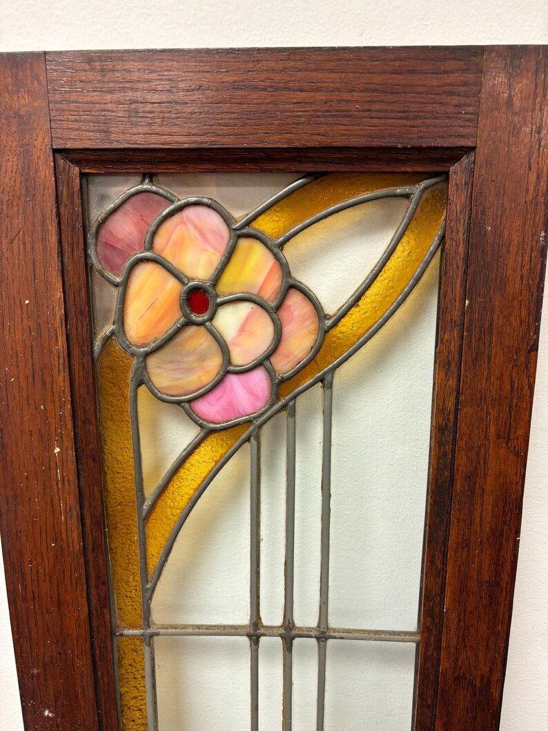 Antique Stained Leaded Glass Window Pink Flower 11.75x51x1 Shipping is ...