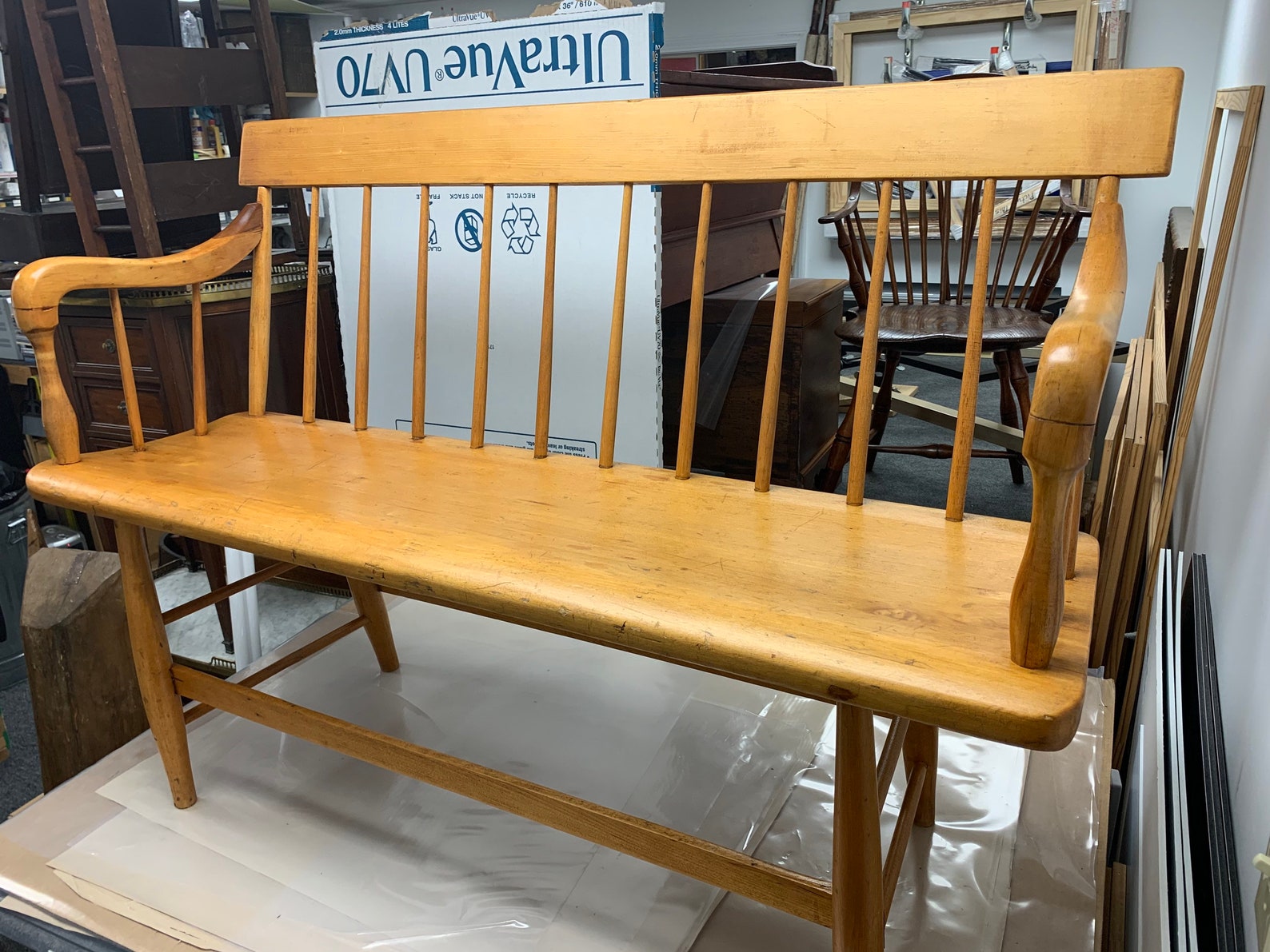 American 19th Century Spindleback Deacons Bench Light Colored Stain ...