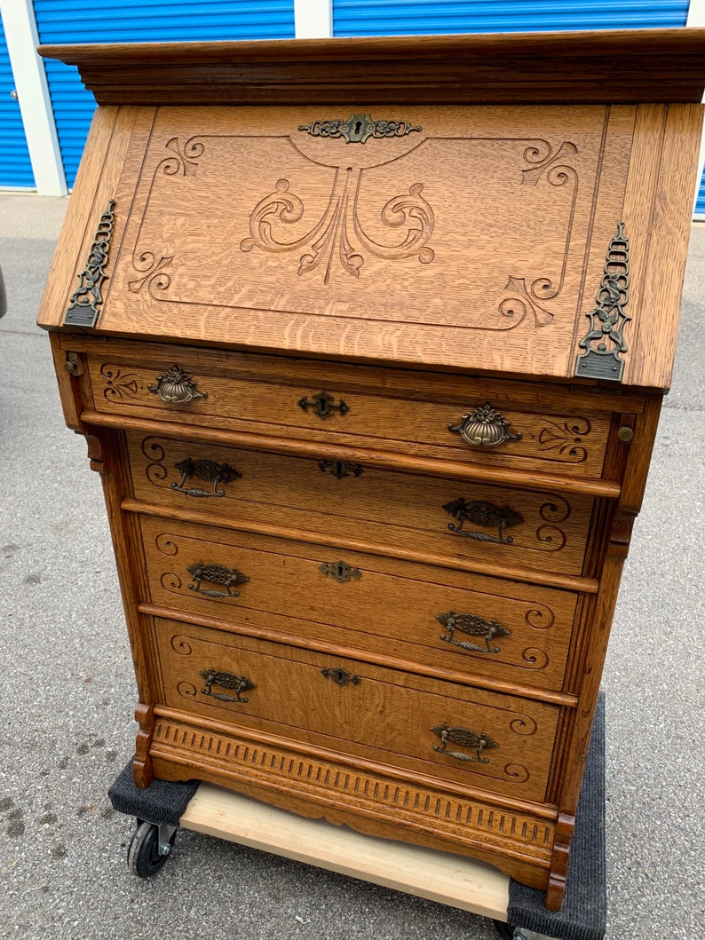 Antique Victorian Solid Oak Spoon Carved Secretary Desk Chest - Etsy UK