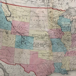 Antique 1876 Railroad Map Usa Original Hand Colored With Conservation ...