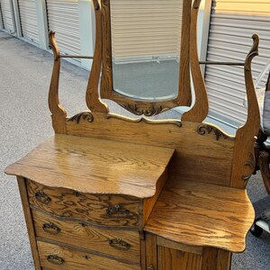 Antique 1880 New England Oak Dual Harp Wash Stand Center Beveled Mirror ...
