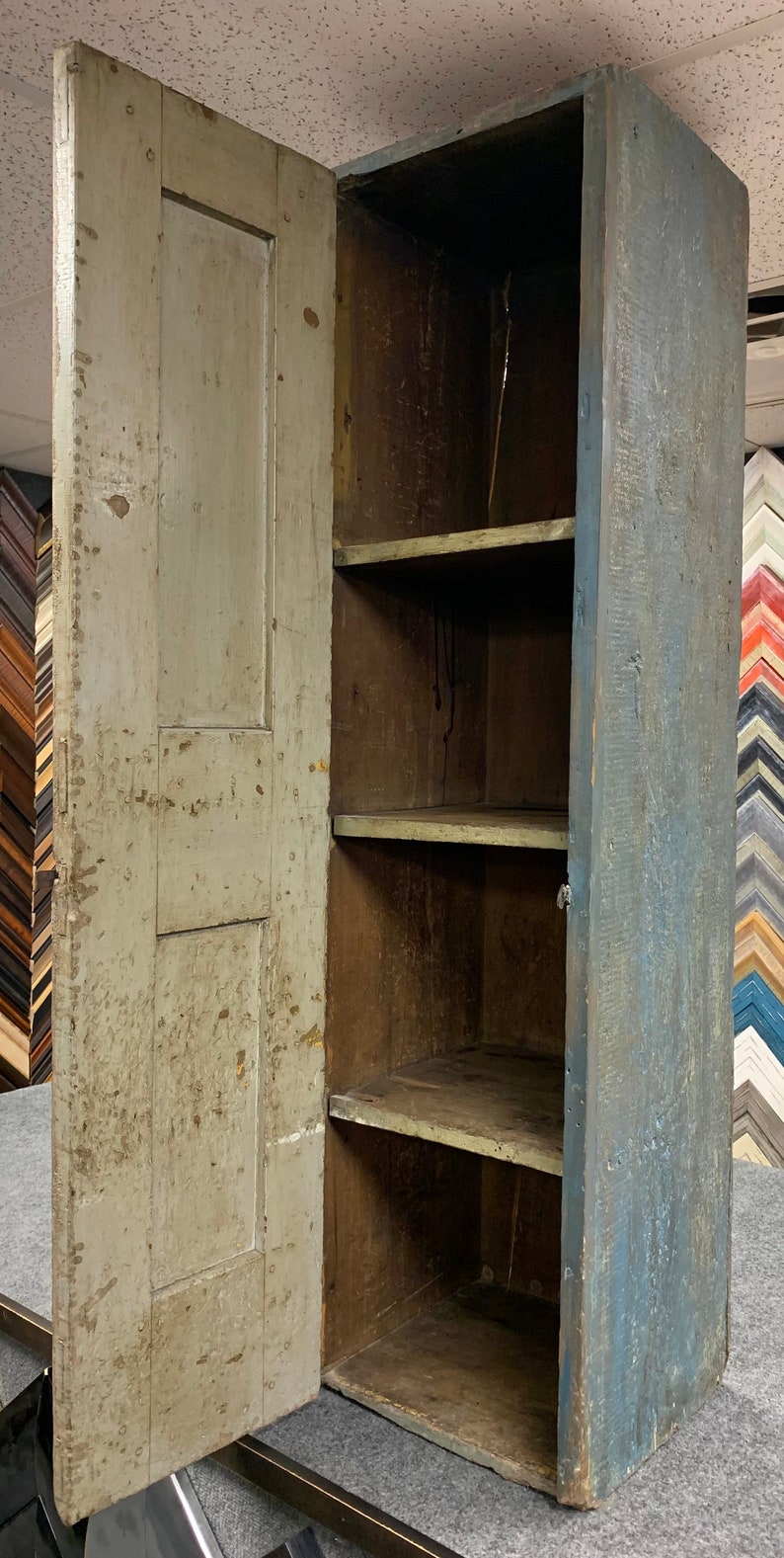 Antique Primitive 1850 Blue Painted Chimney Cupboard 16w14.5d55h ...