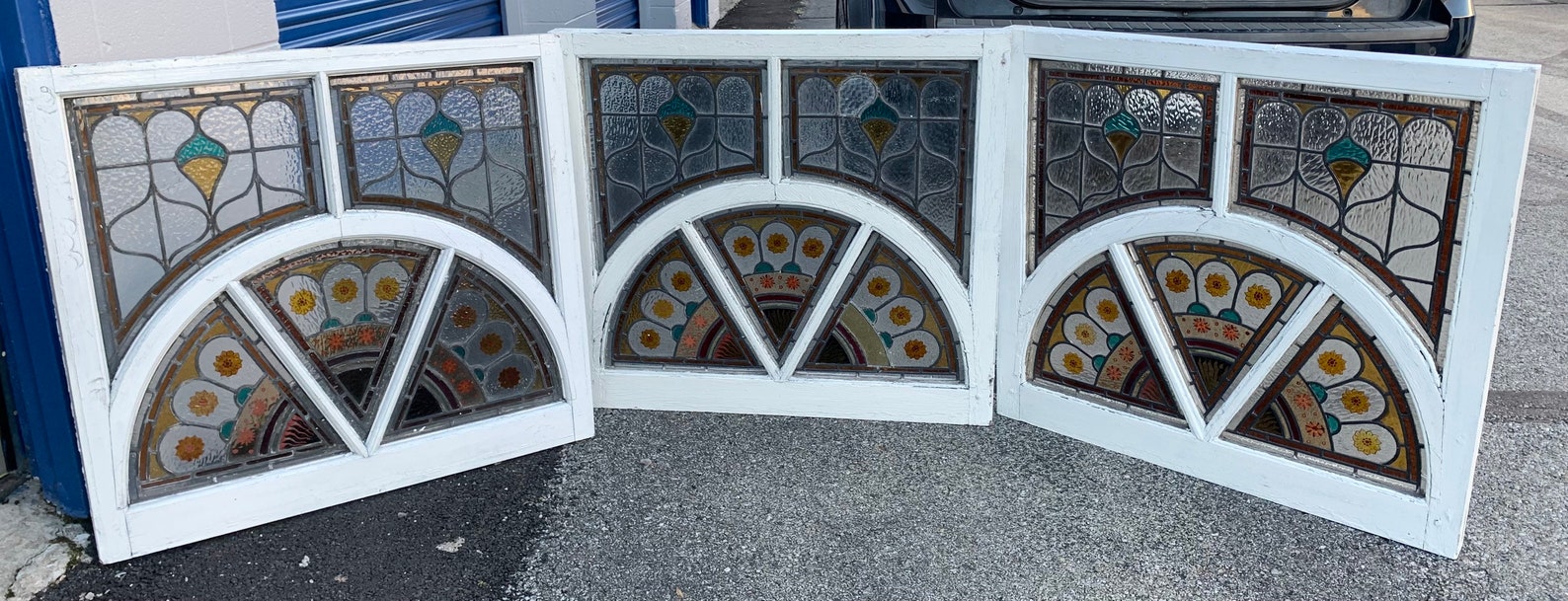 3 Antique English Stained Glass Windows With Painted Designs 1-32.75W ...