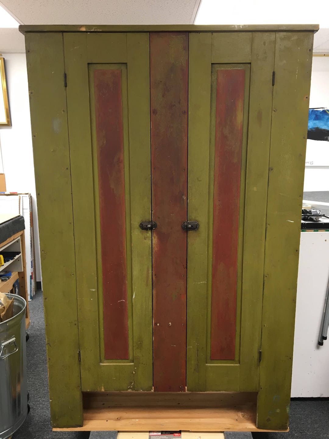 Early Primitive Cupboard Cabinet Original Green Red Paint 45w15.5d69h 6 ...