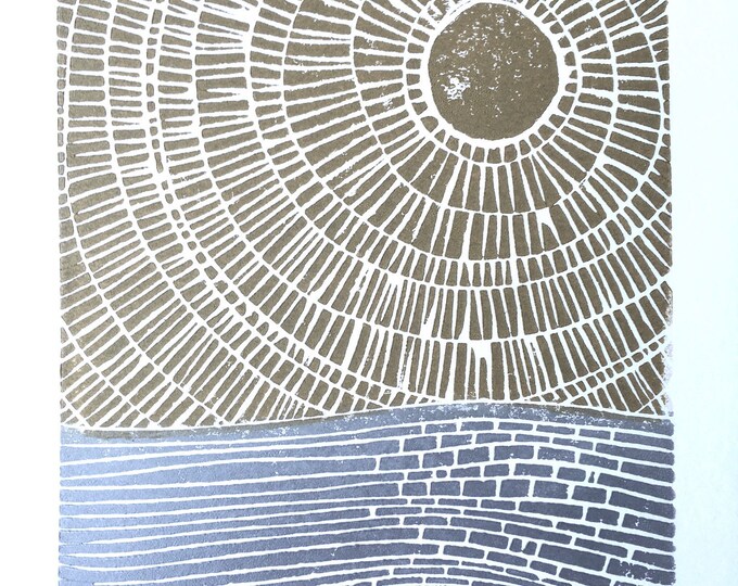 Sunrise on the Ocean - Hand-pressed Linocut Block Print - 8x10 Minimal ...