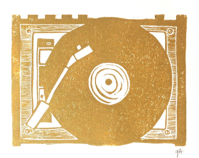 Metallic Gold Print - Record Player Linoprint - Hand-printed Linocut ...