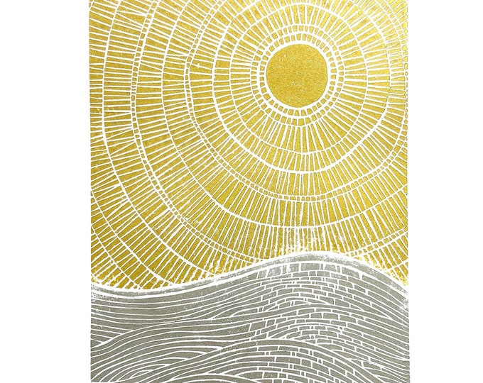 Large Linocut Poster - Sunset on the Ocean - Hand-pressed Print ...