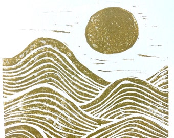 Gold Sunset Linocut Print Sunrise and Sunset Minimal Gold 8x10 ...