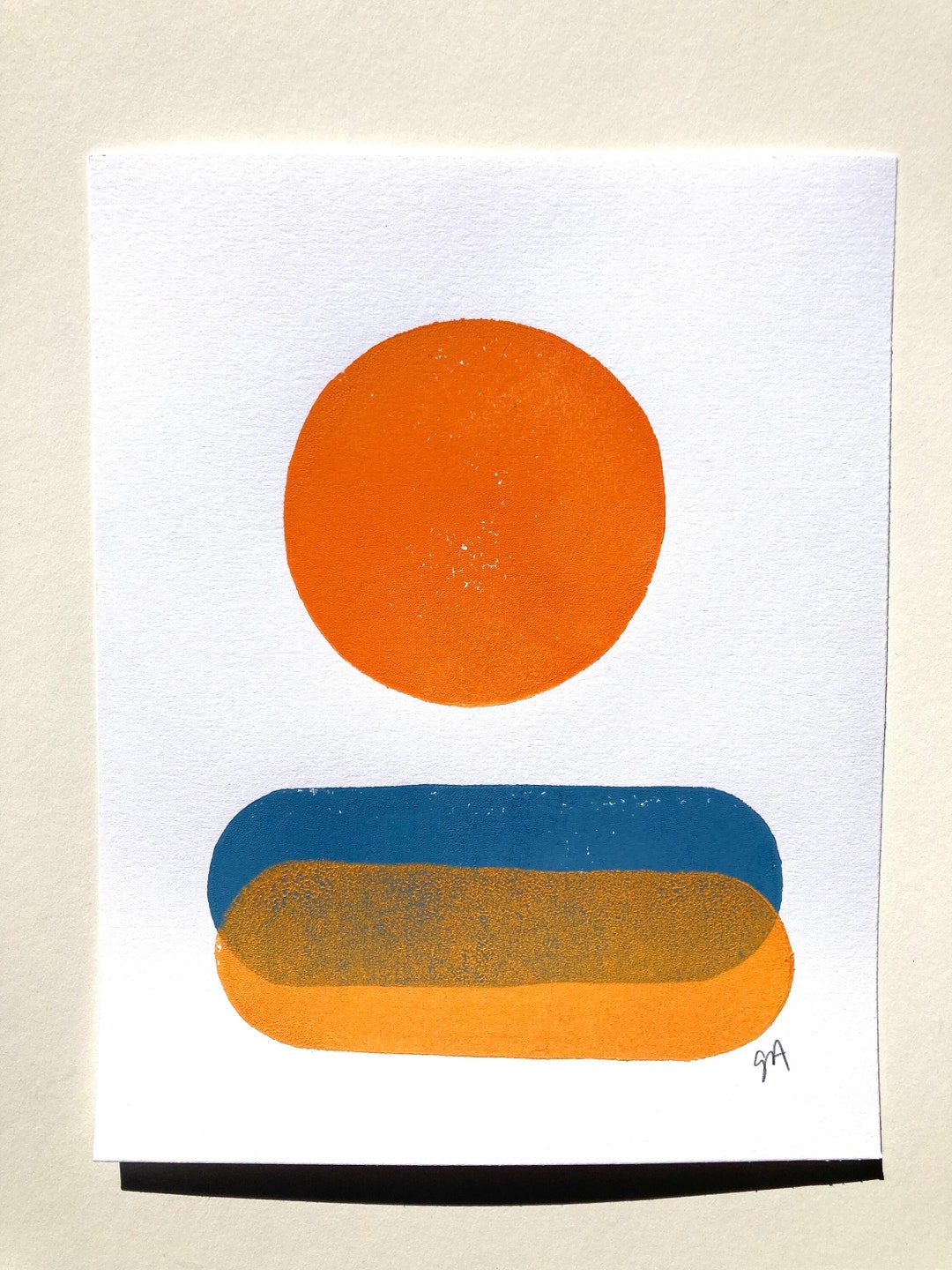 Monoprint - Abstract Multi-color Linocut Relief Blue and Yellow Print ...